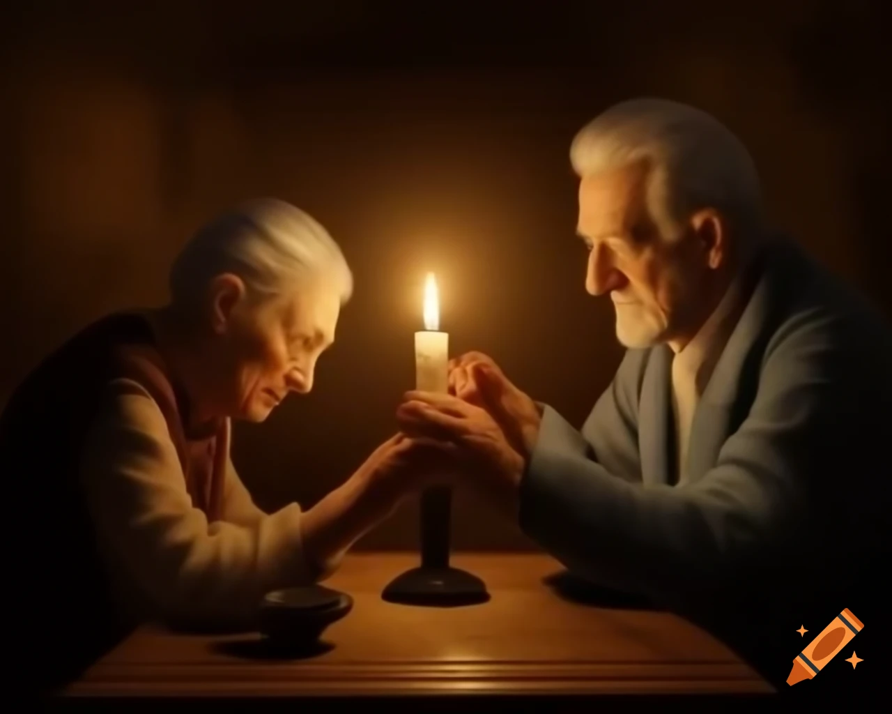 Elderly couple warming hands over candlelight on Craiyon