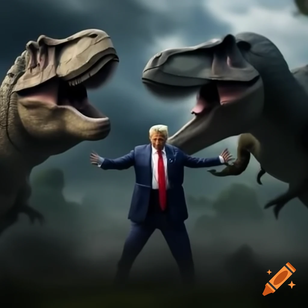 Donald trump in a fictional battle with a t-rex on Craiyon