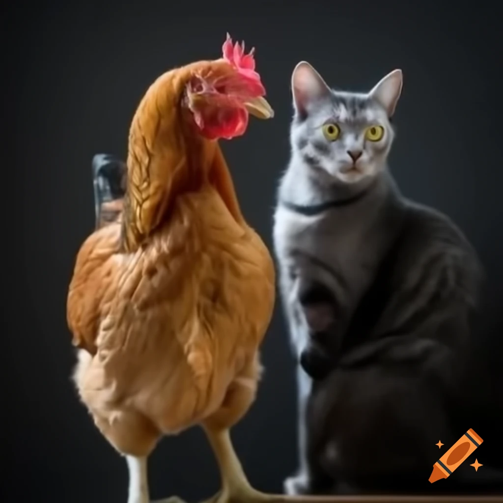 Light brown chicken and black-grey cat standing together on Craiyon