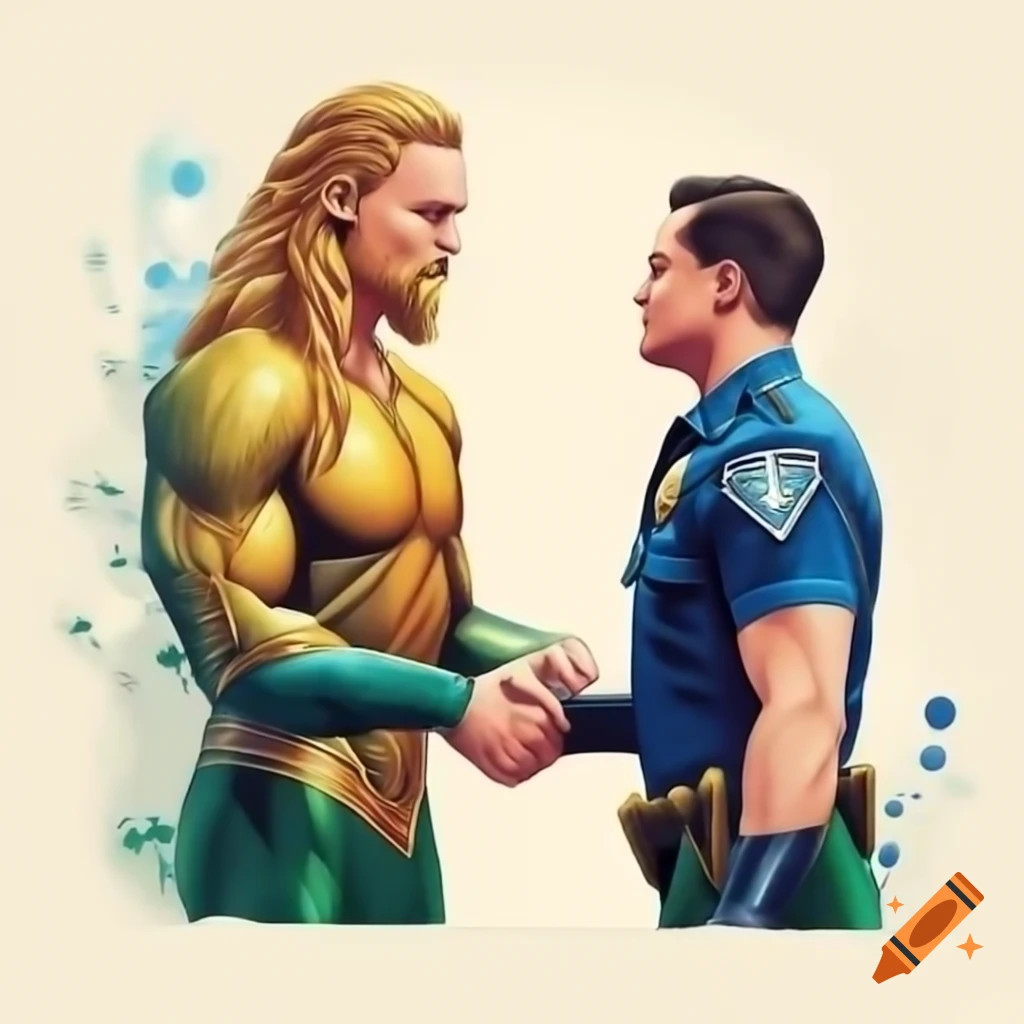50's style comic of Aquaman shaking hands with police chief on Craiyon