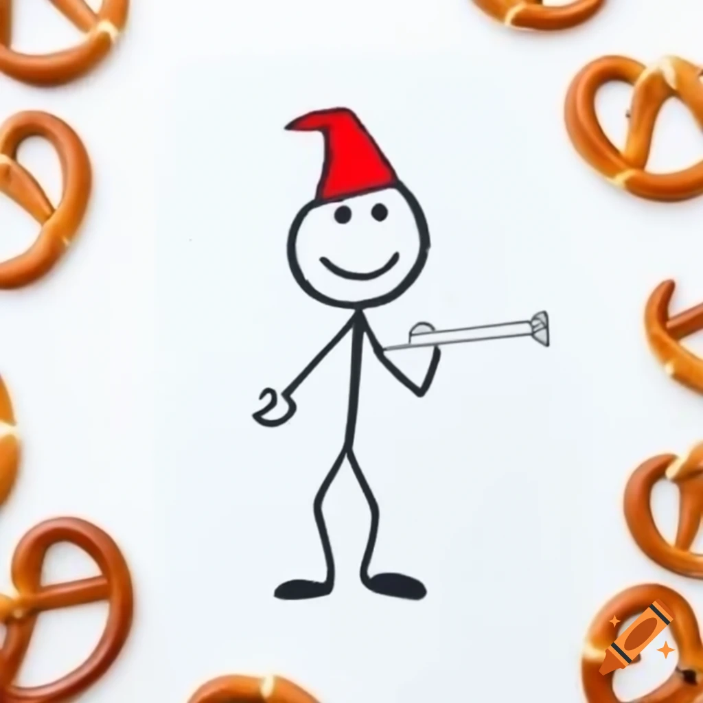 Stickman with red cap eating pretzel on white background on Craiyon