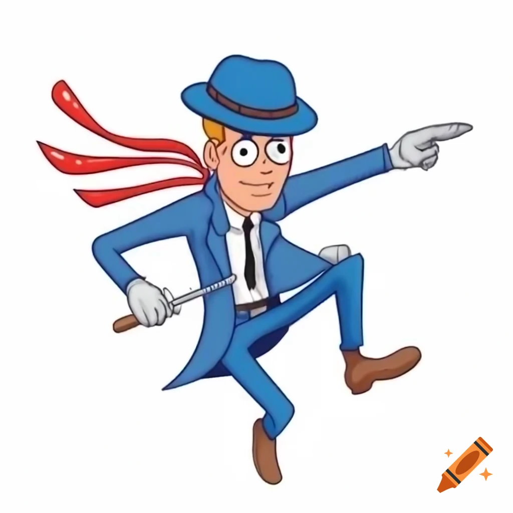 Inspector Gadget soaring through the sky with gadgets activated on Craiyon