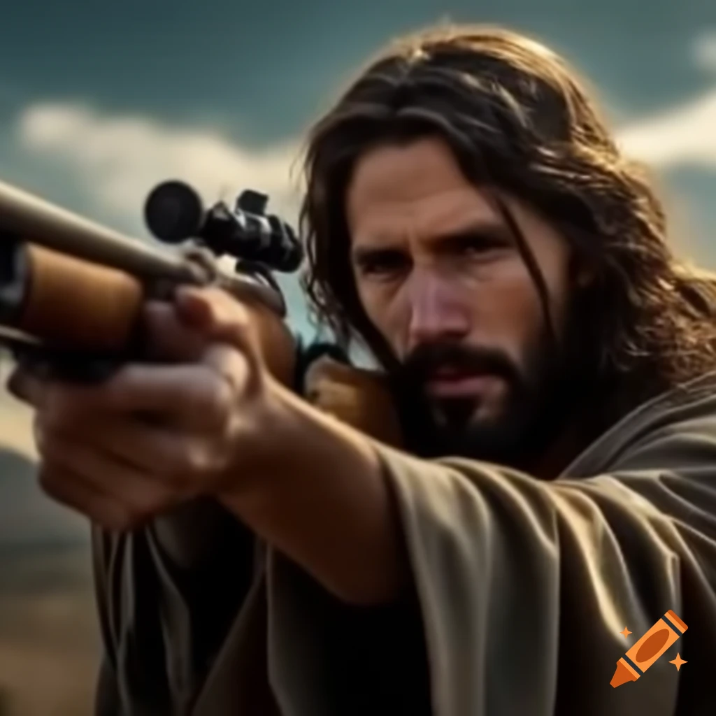 Jesus christ hunting pheasant with shotgun in a landscape on Craiyon