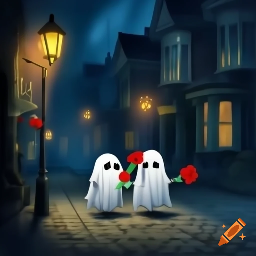 Cartoon ghosts holding red roses in foggy Victorian street on Craiyon