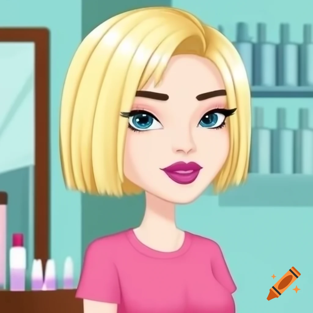 Cartoon beauty therapist with blonde bob and pink t-shirt in beauty ...