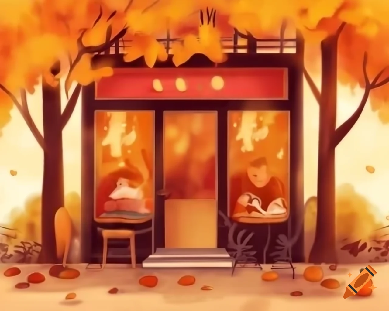 Cozy café setting with fall leaves, autumn atmosphere on Craiyon