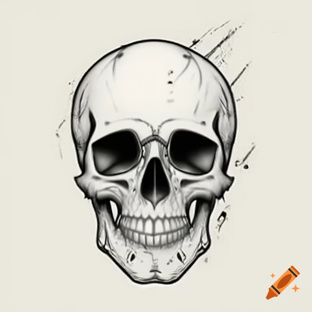 Black and white stipple drawing of a skull in pen and ink on Craiyon