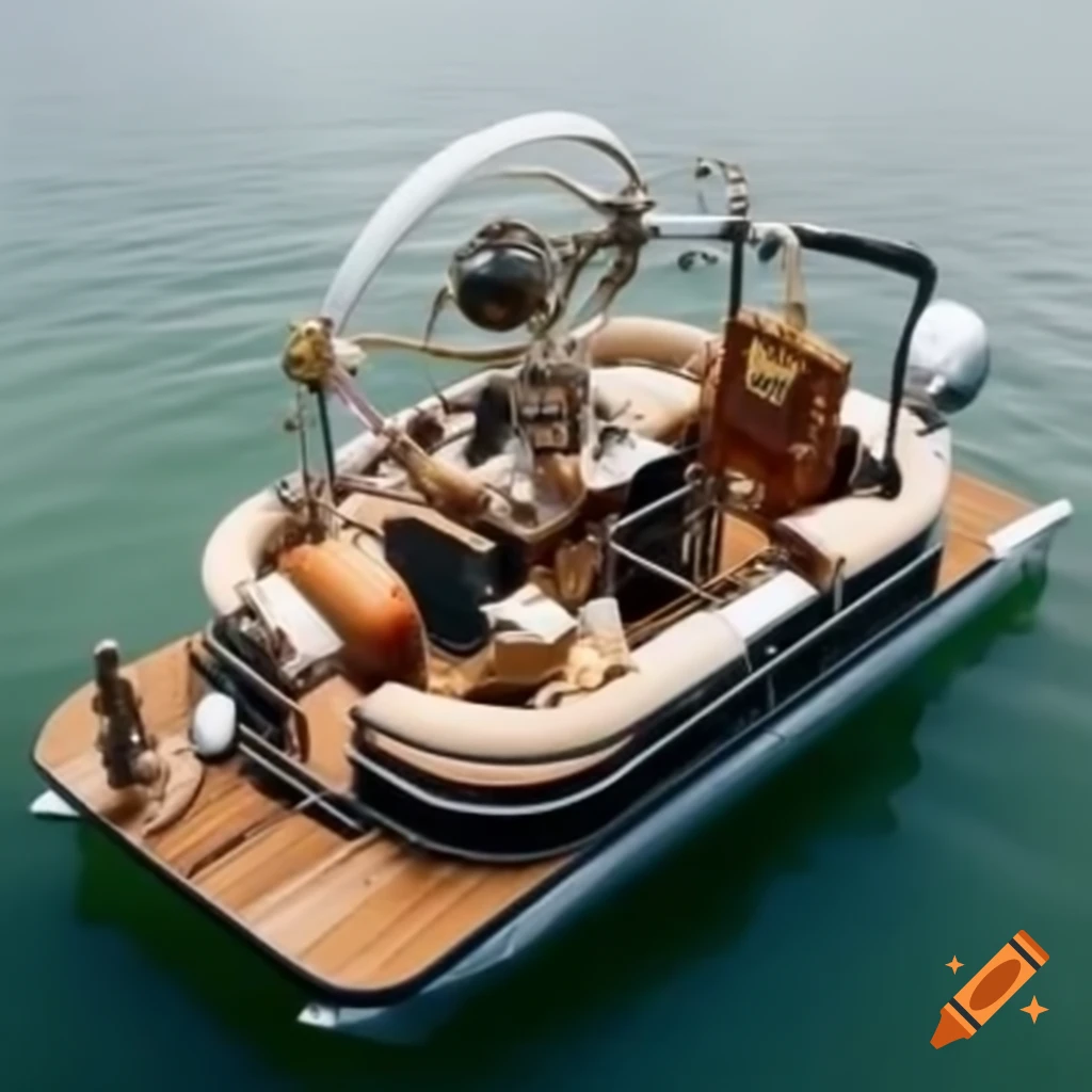 Pontoon boat decorated with atomic steampunk accessories on Craiyon