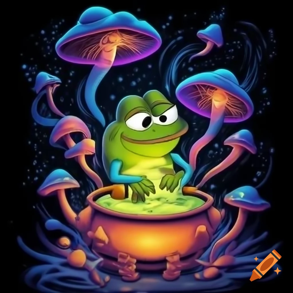 Pepe the frog hiding behind magical bananas and colorful mushrooms with ...