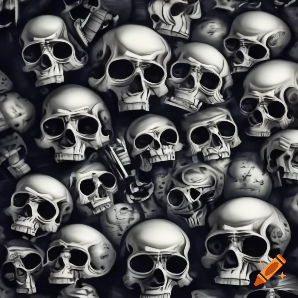 Surreal black and white ink drawing of skulls in steampunk style ...