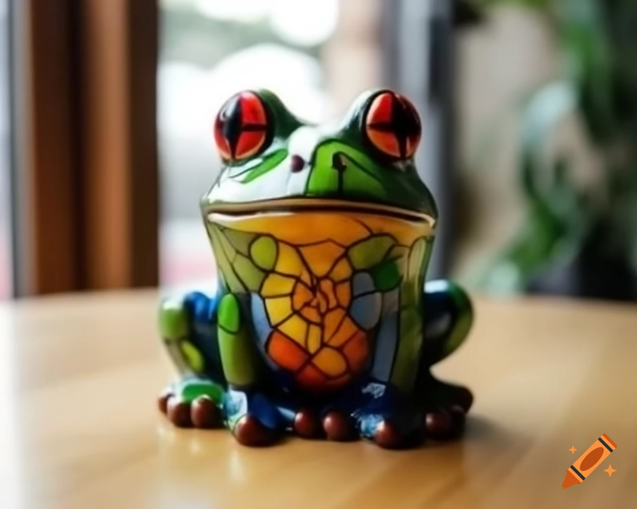 Stained glass ceramic frog figure displayed on a table on Craiyon