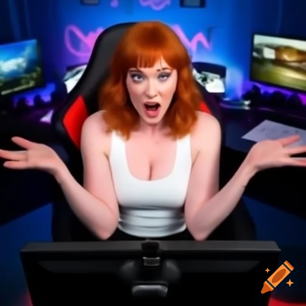 Woman in gaming setup, shocked expression while falling off chair on ...