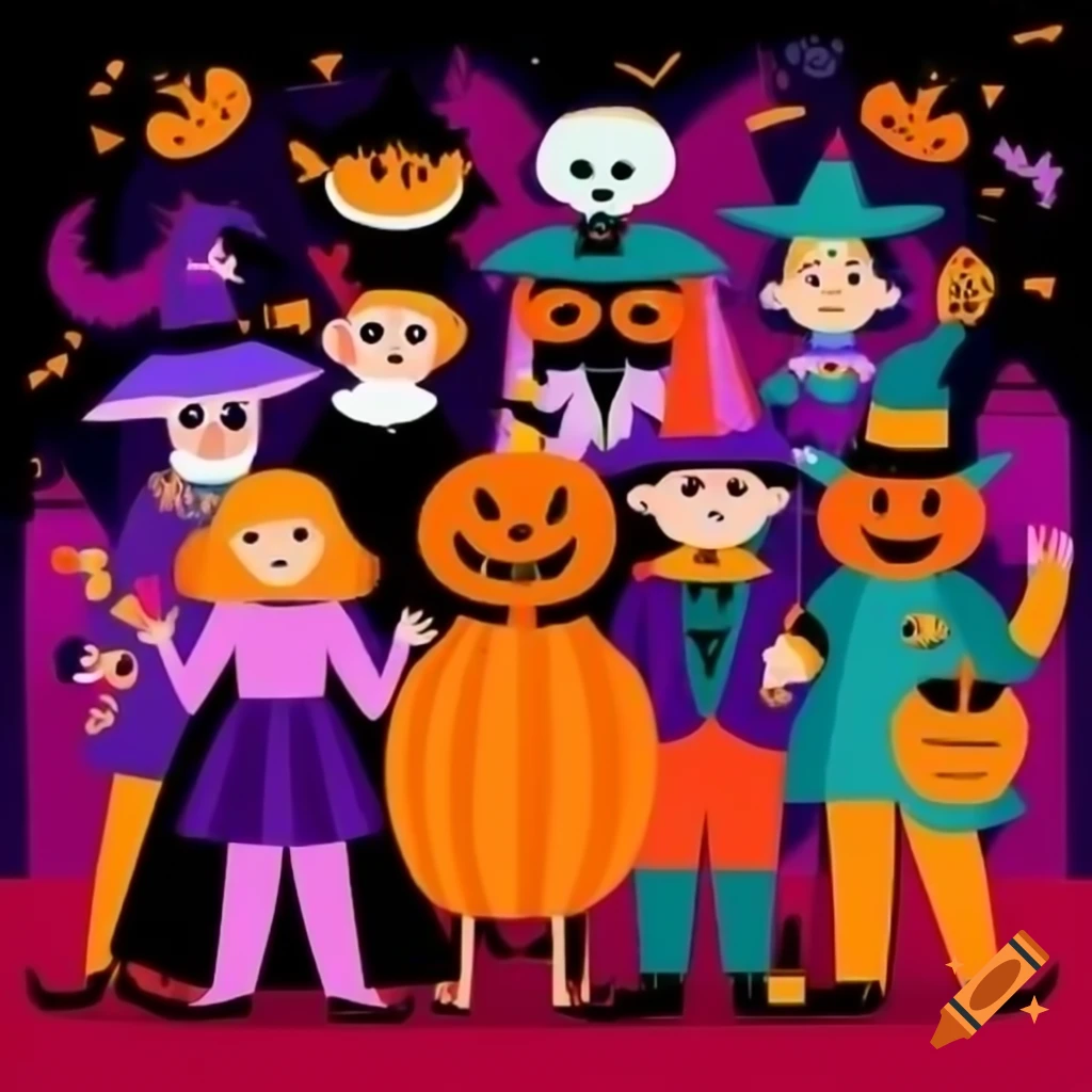 Colorful halloween characters in bold design on Craiyon
