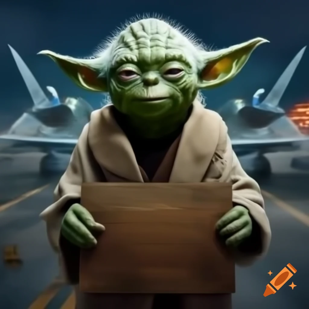 Yoda holding a strike sign with jet airplanes in the background on Craiyon