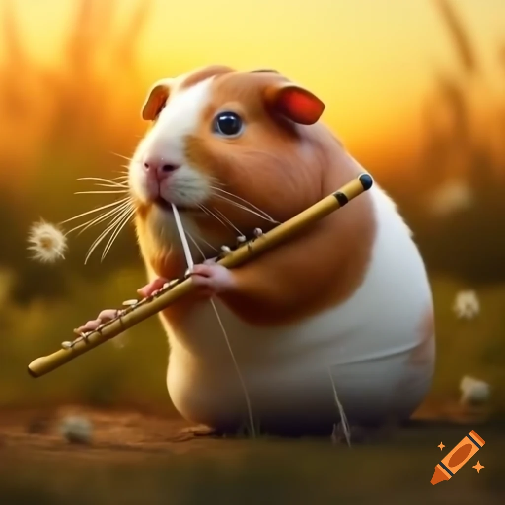Guinea pig playing flute in a sunset field on Craiyon