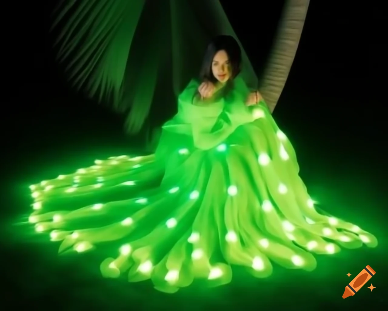 Close-up of woman in luminous LED dress sitting under palm tree on Craiyon