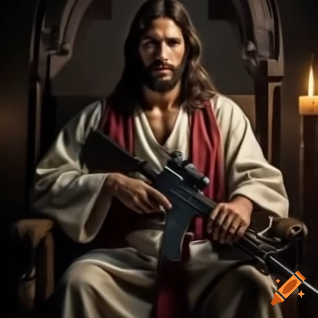 Unconventional portrayal of jesus holding a rifle on Craiyon