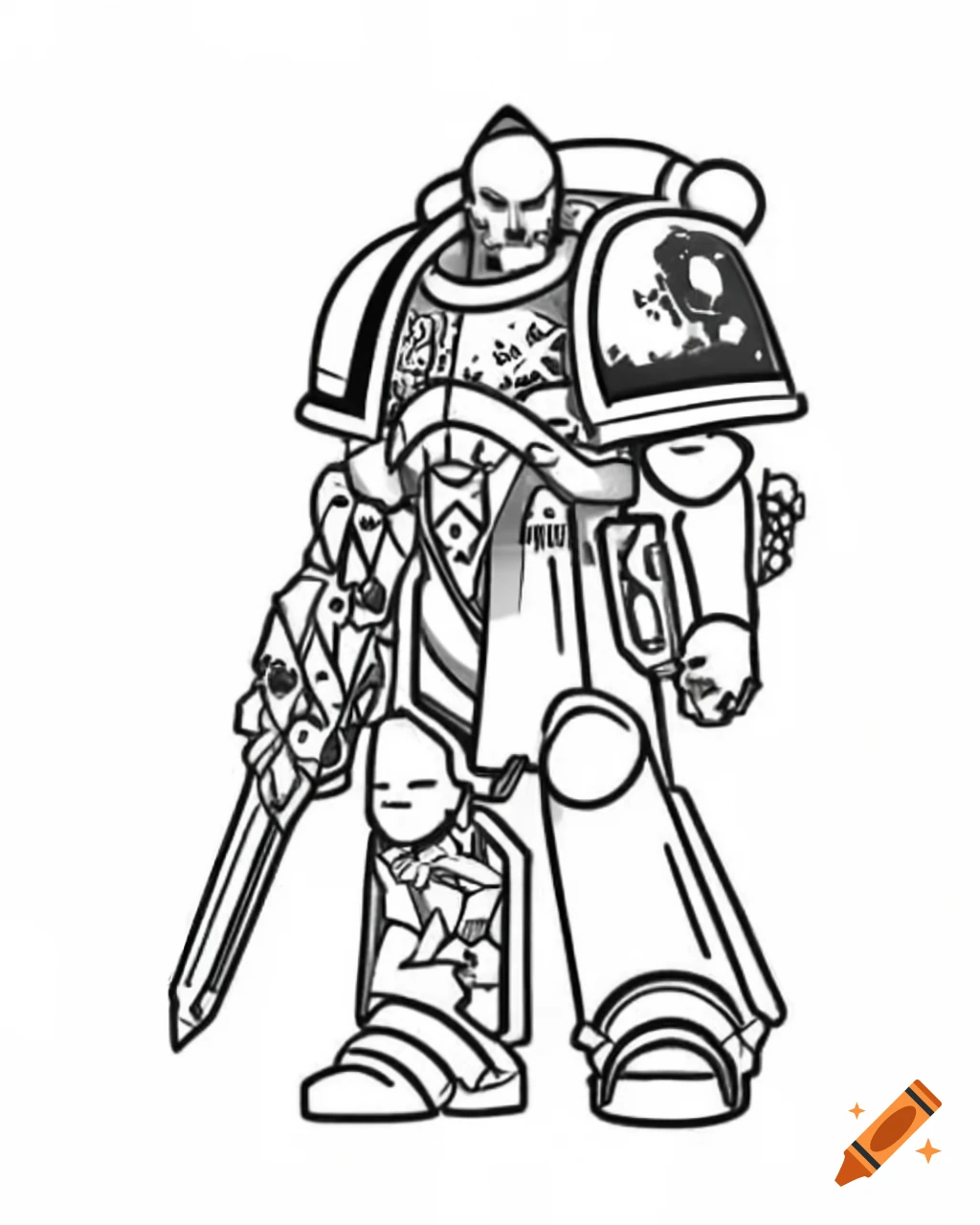 Silhouetted warhammer 40k soldier in black and white line art, ready ...