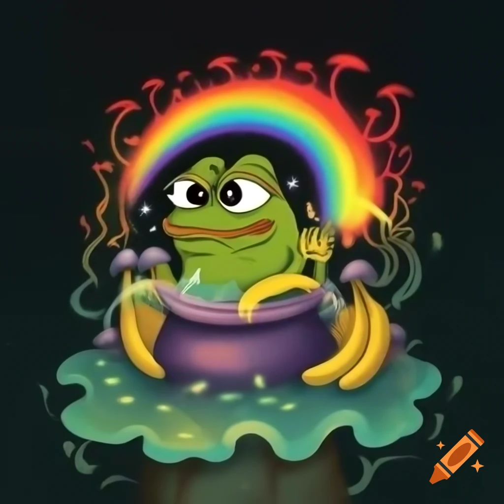 Pepe the frog hiding behind magical bananas and colorful mushrooms with ...