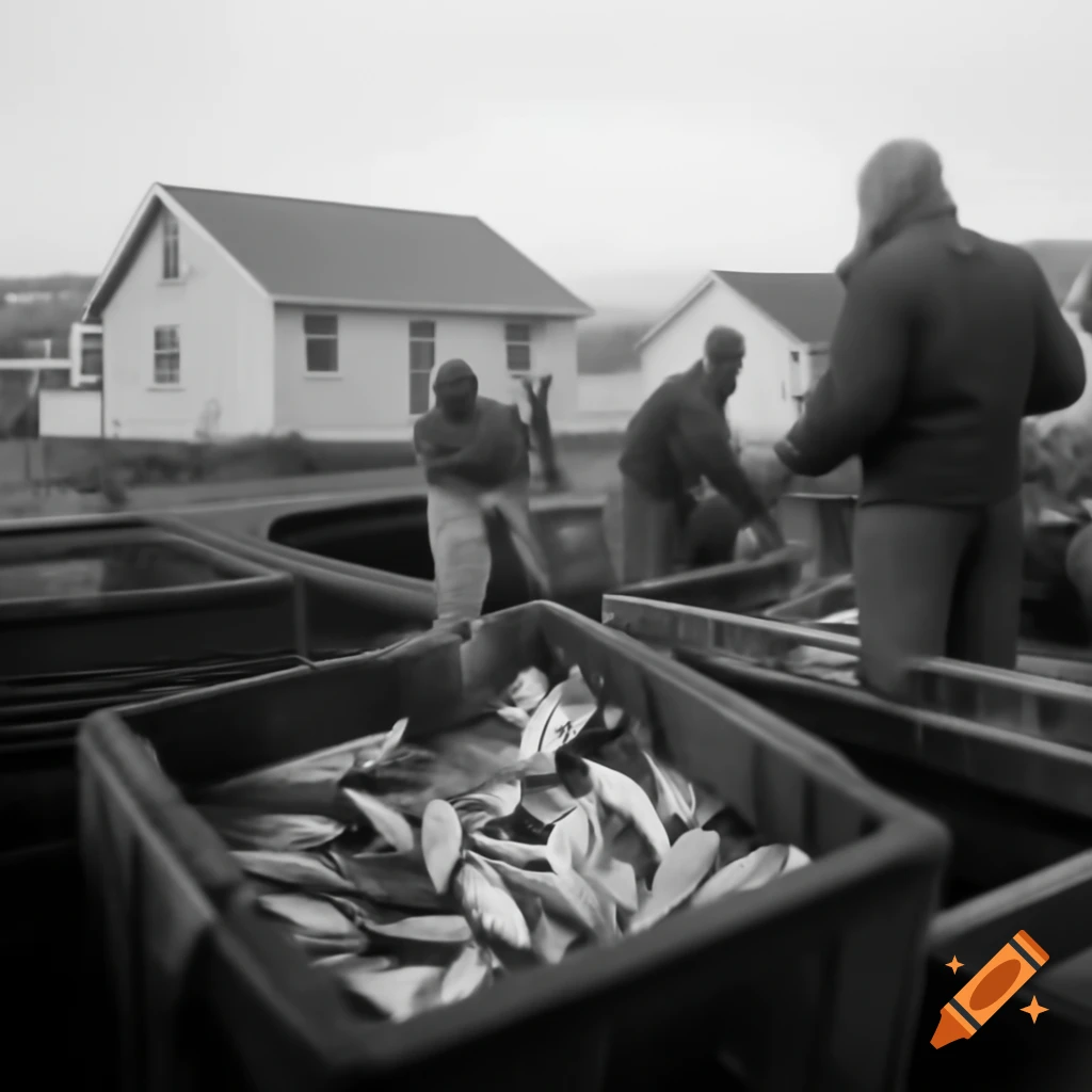 Fishing village in Newfoundland with men participating in fish cleaning ...