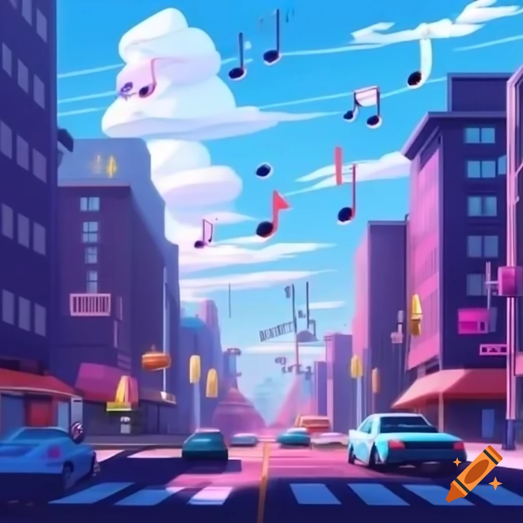 Large stage decorated with colorful musical notes on Craiyon