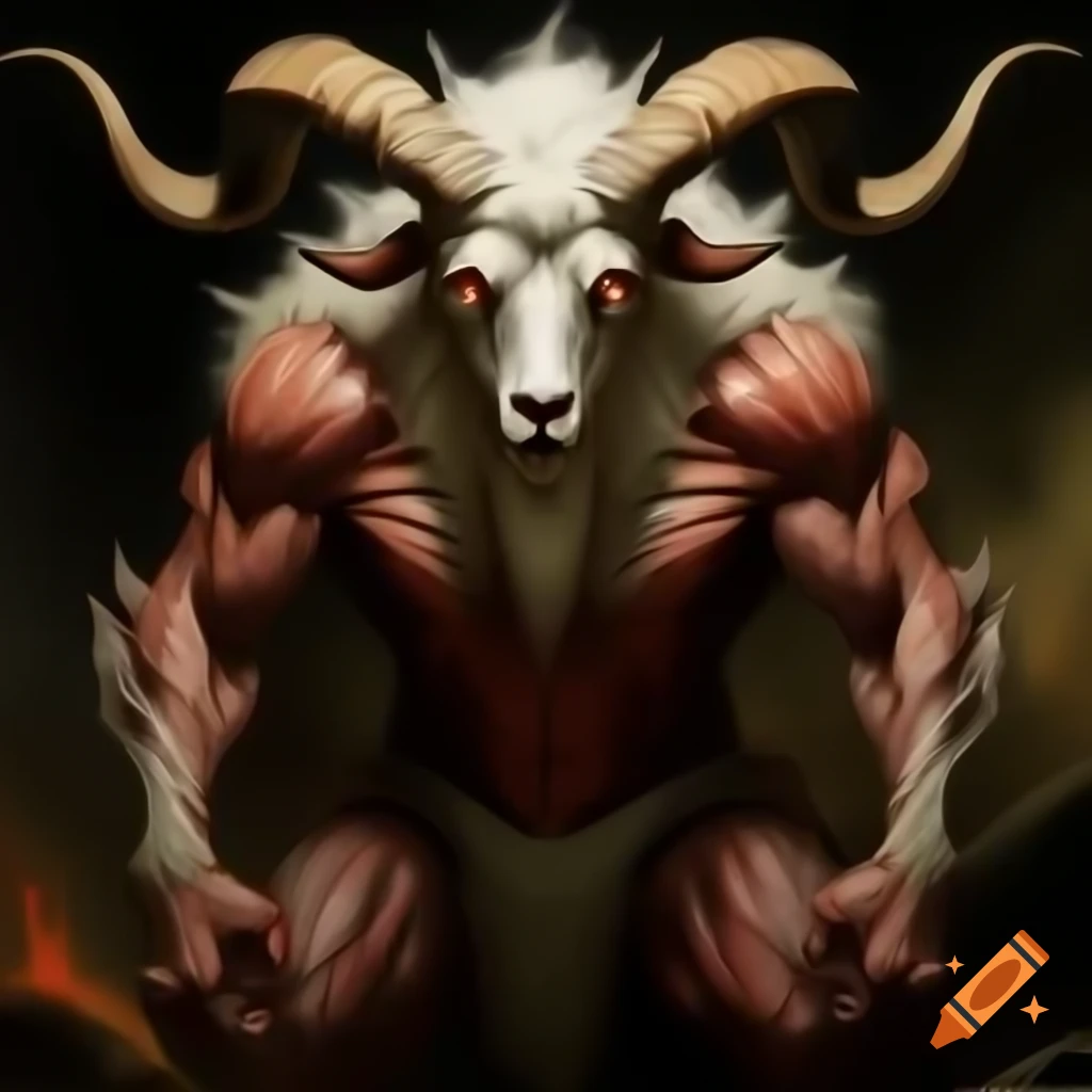 Goat-headed demon with large horns and muscular build in realistic oil ...