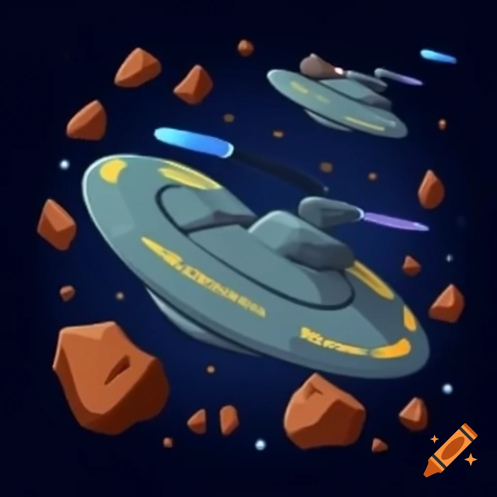 Cartoon-style battle starship attacking asteroids on Craiyon