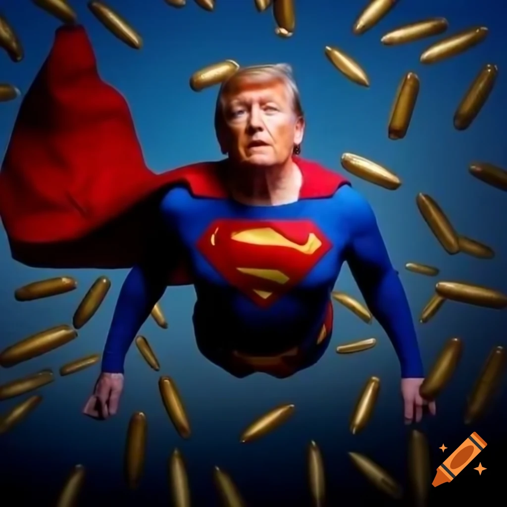 Cartoon depiction of trump in superman costume with bullets bouncing ...