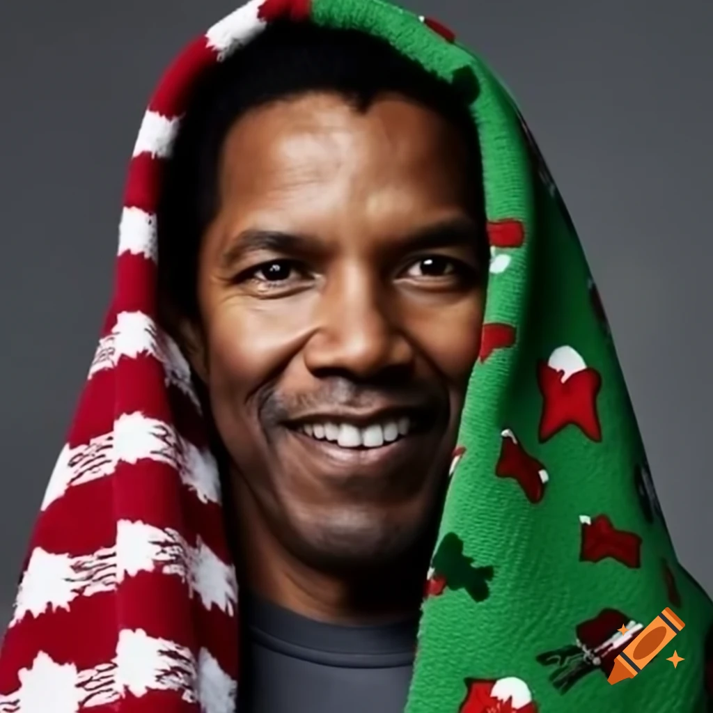 Denzel Washington in Christmas-themed towel over grey t-shirt on Craiyon