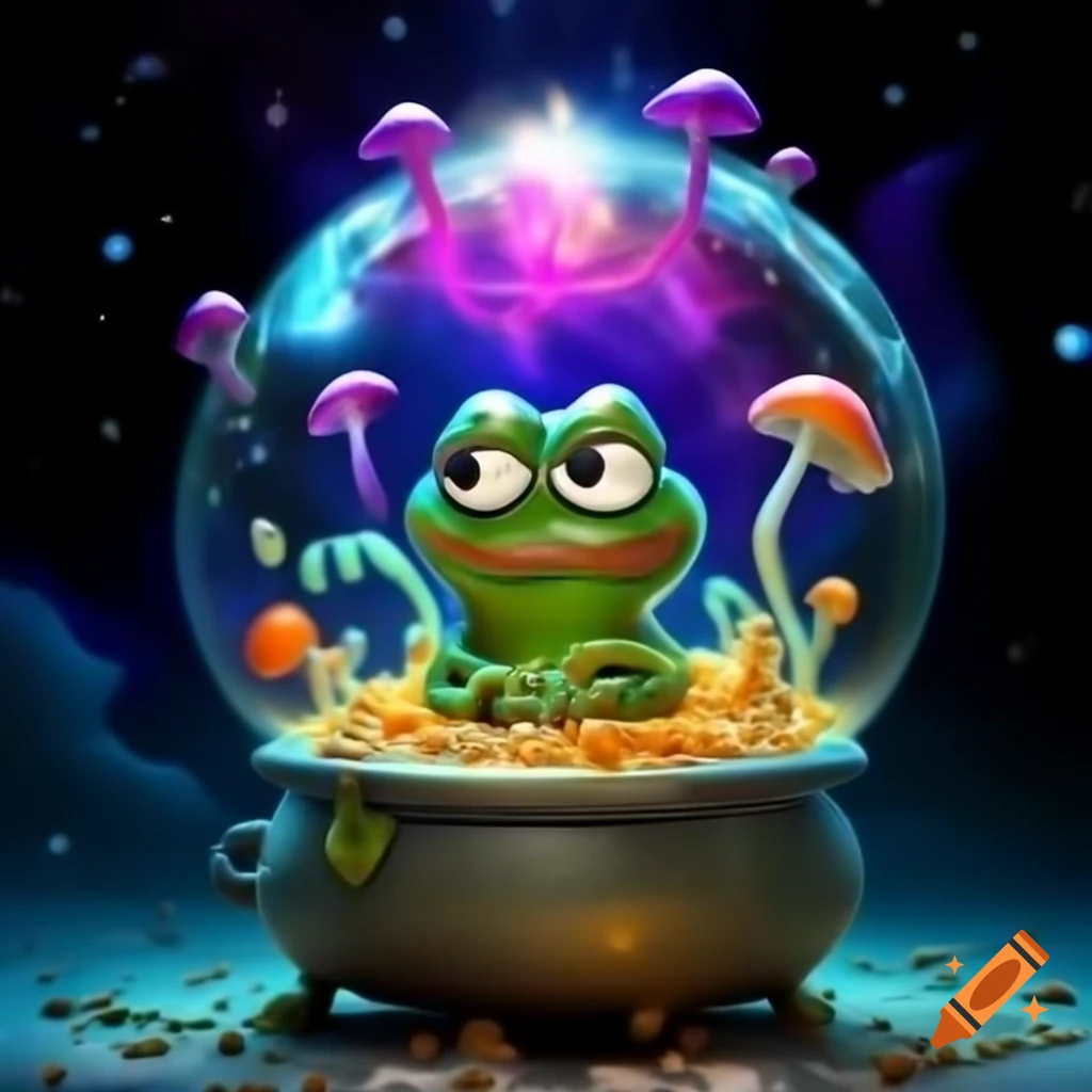 Pepe the frog in a psychedelic cauldron with vibrant mushrooms and ...