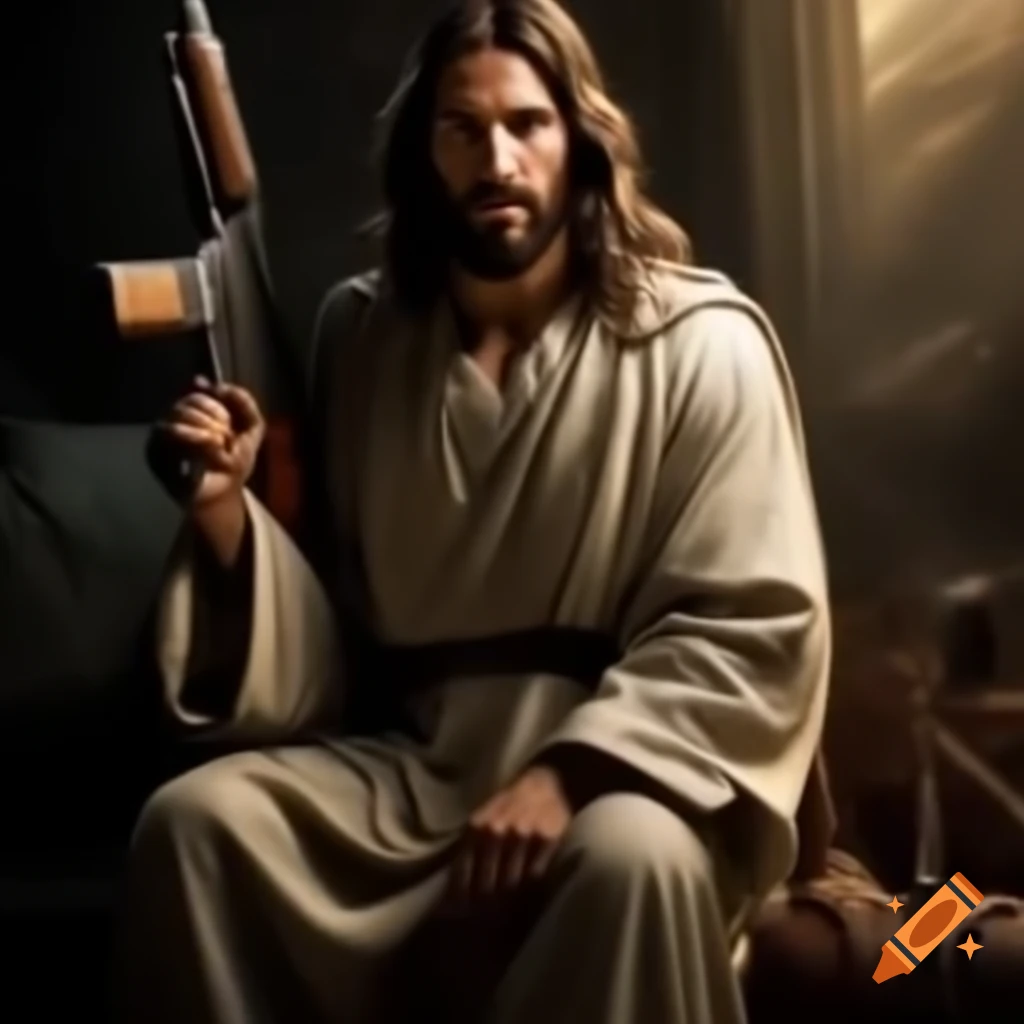Unconventional portrayal of jesus holding a rifle on Craiyon