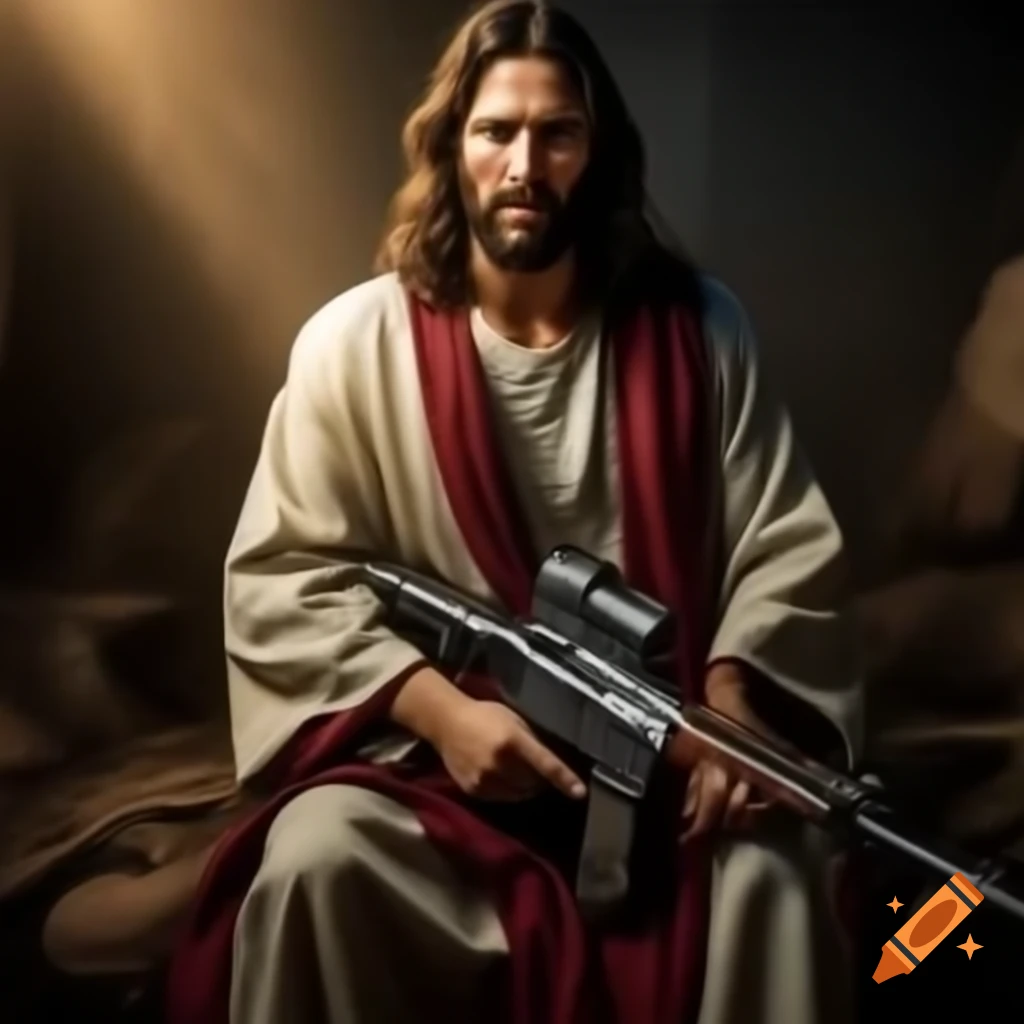 Unconventional portrayal of Jesus holding a rifle on Craiyon