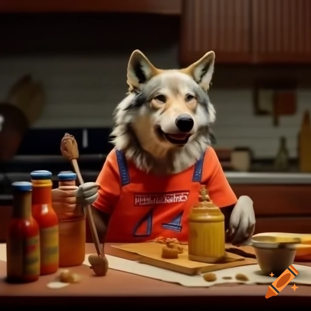 Wolf in kitchen holding honey stirrer with ketchup and mustard bottles ...