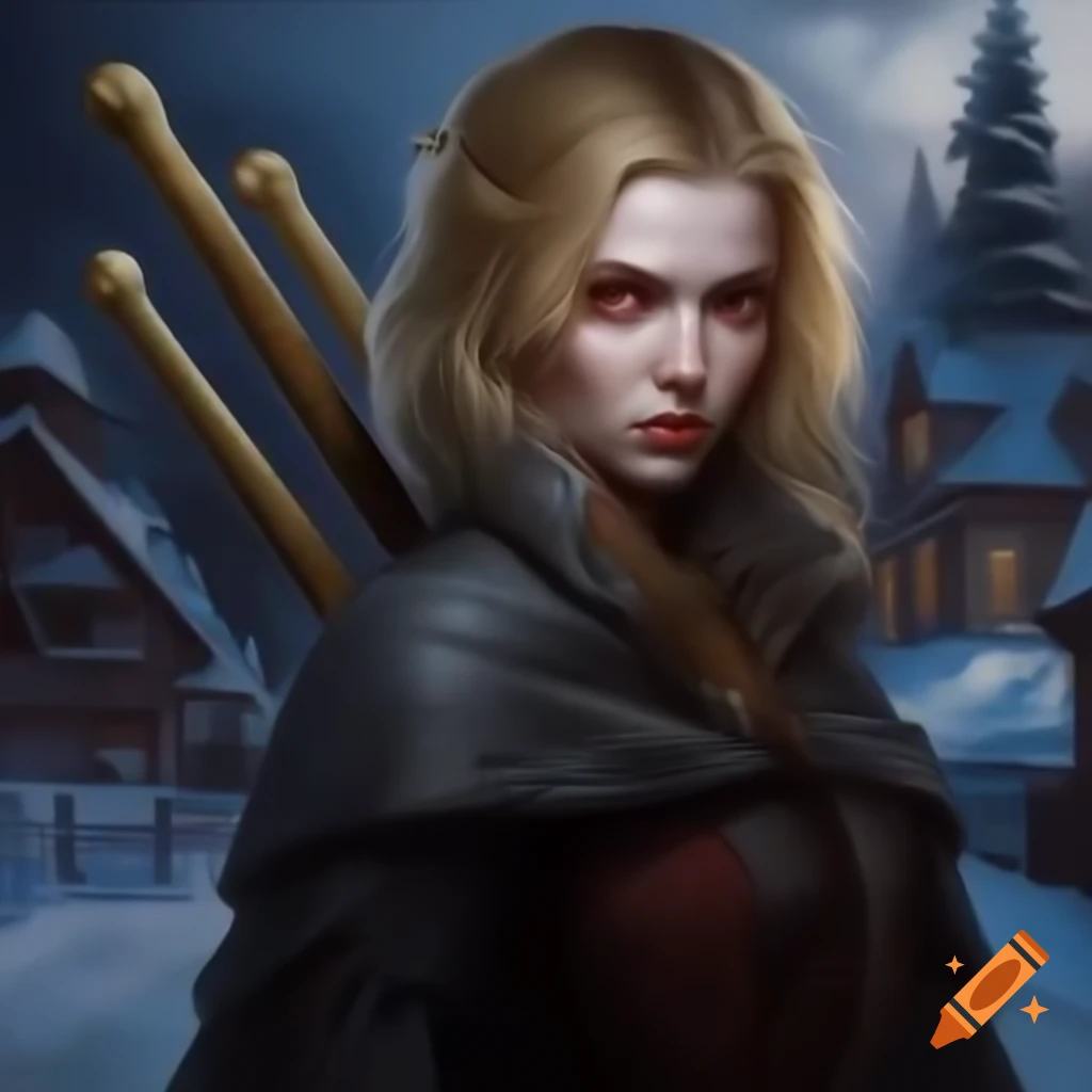 Realistic painting of vampire with daggers in snowy town, detailed ...