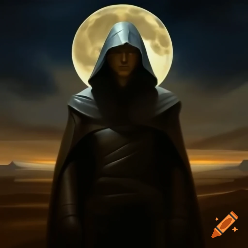 Mysterious hooded figure in silvery moonlight, cloaked in leather on Craiyon