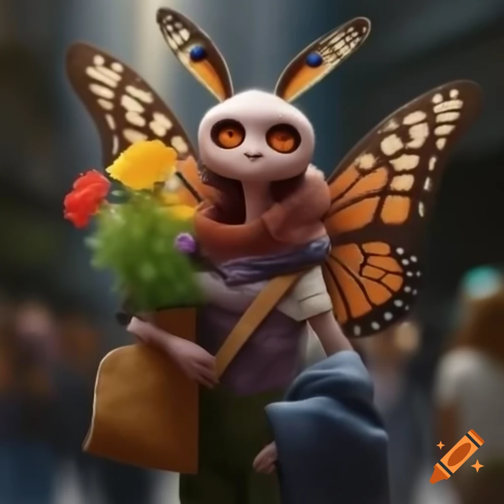 Female humanoid butterfly in fine clothing holding flowers, posing in ...