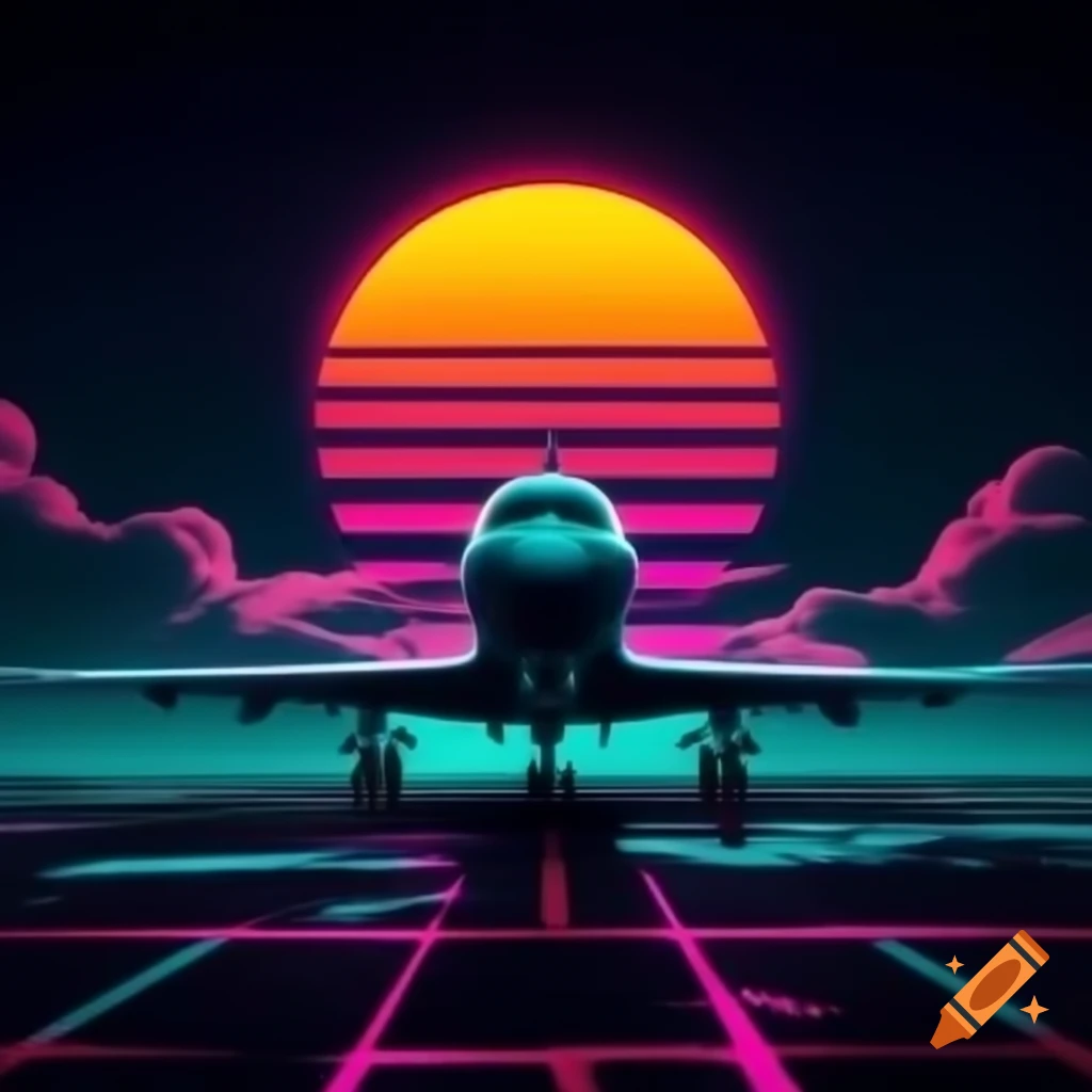 Dark vaporwave jet flying in front of sunset and vaporwave sun on Craiyon