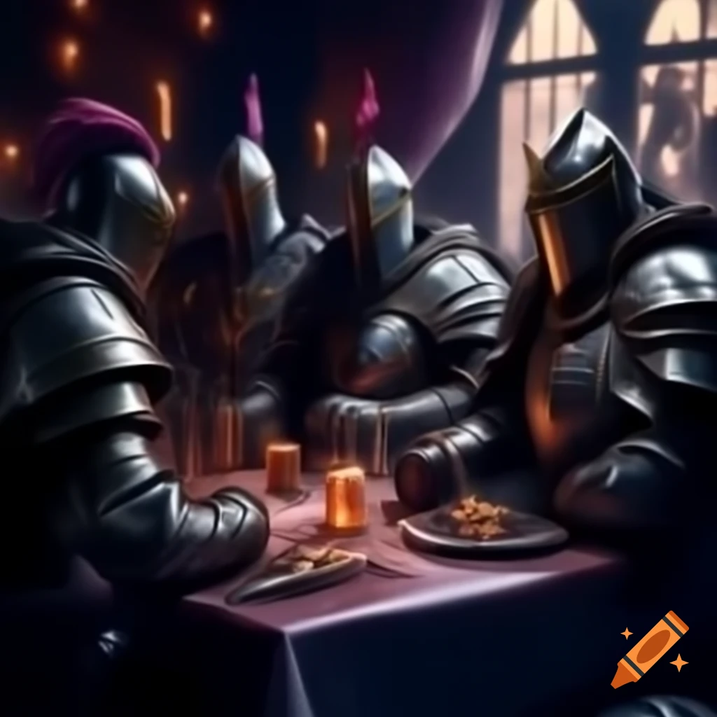 Knights celebrating at a dark fantasy party on Craiyon