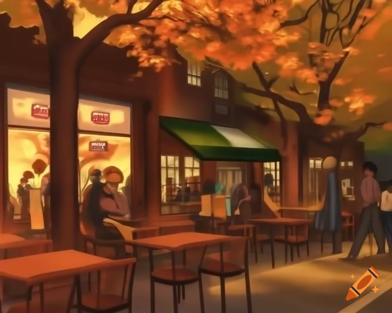 Cozy café in fall with autumn leaves on Craiyon