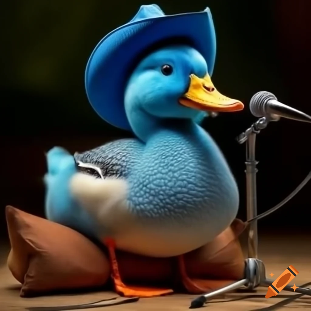 Blue duck in cowboy hat singing into microphone while sitting on pillow ...