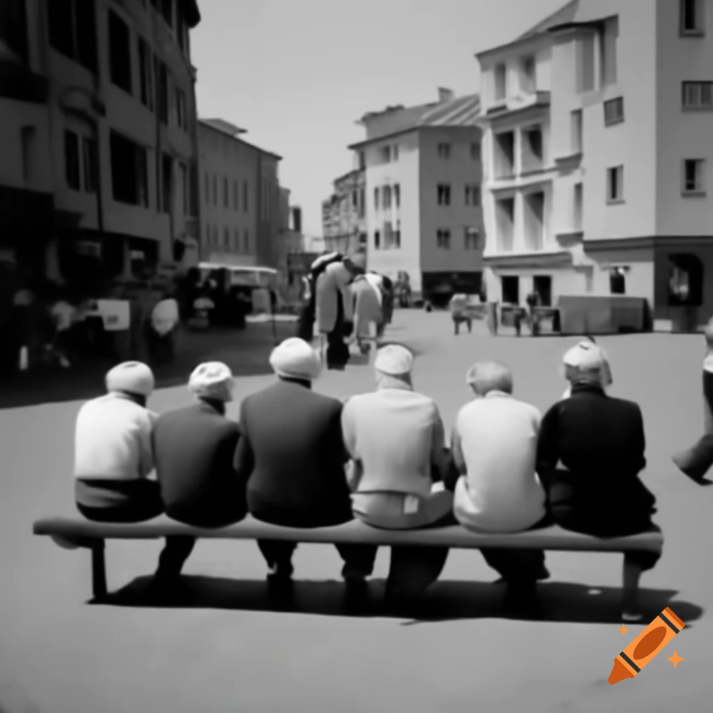Six elderly men conversing on semicircular bench in crowded town square ...
