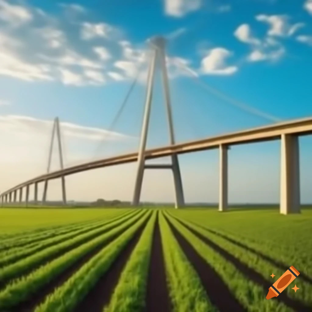 Strong concrete bridge spanning agricultural landscape on Craiyon