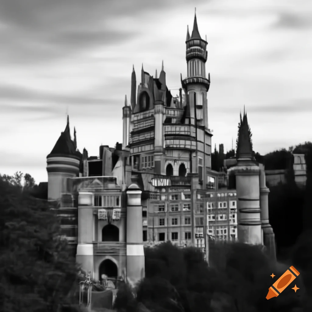 Detailed gothic castle architecture in black and white on Craiyon