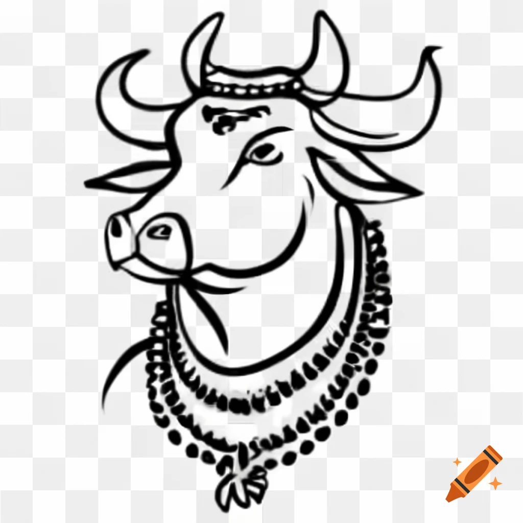 Lineart clipart of Nandi bull's face, black and white on Craiyon