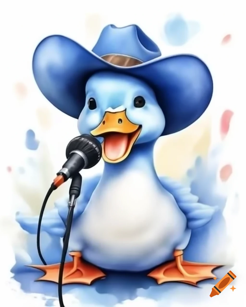 Blue duck in cowboy hat singing into microphone while sitting on pillow ...