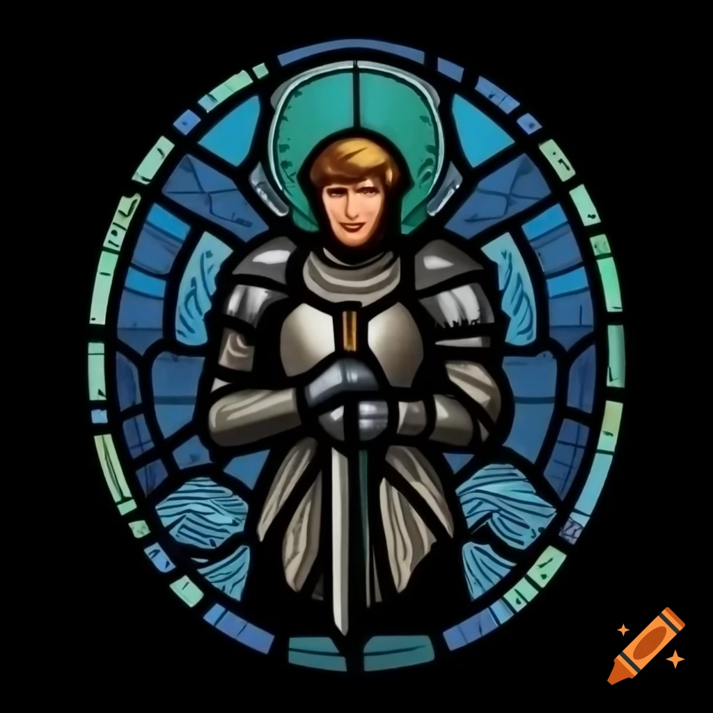 Stained glass window featuring a knight in armor holding a sword on Craiyon