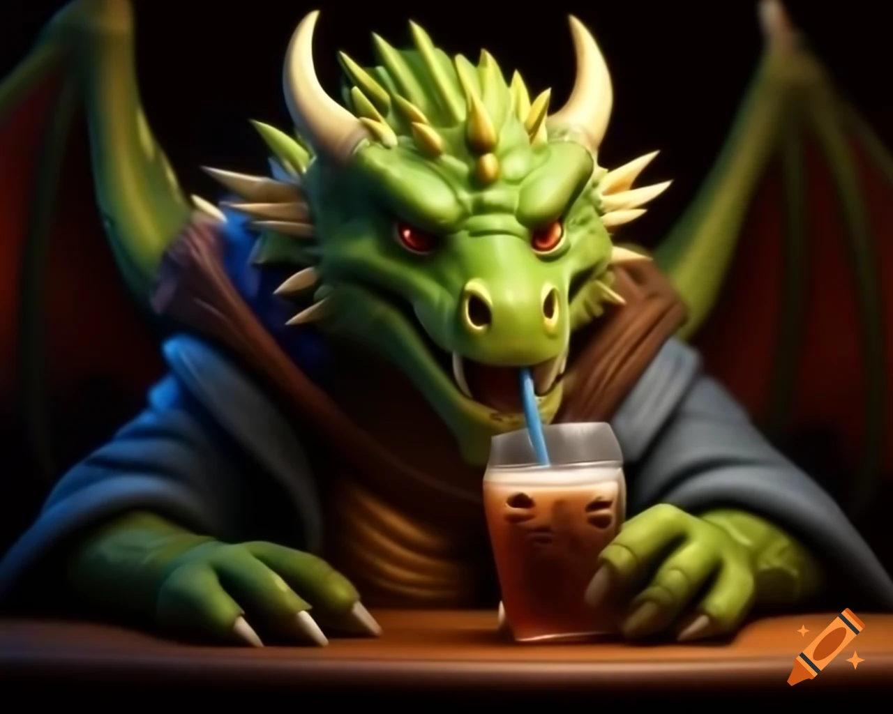 Anthropomorphic dragon enjoying a soda drink on Craiyon