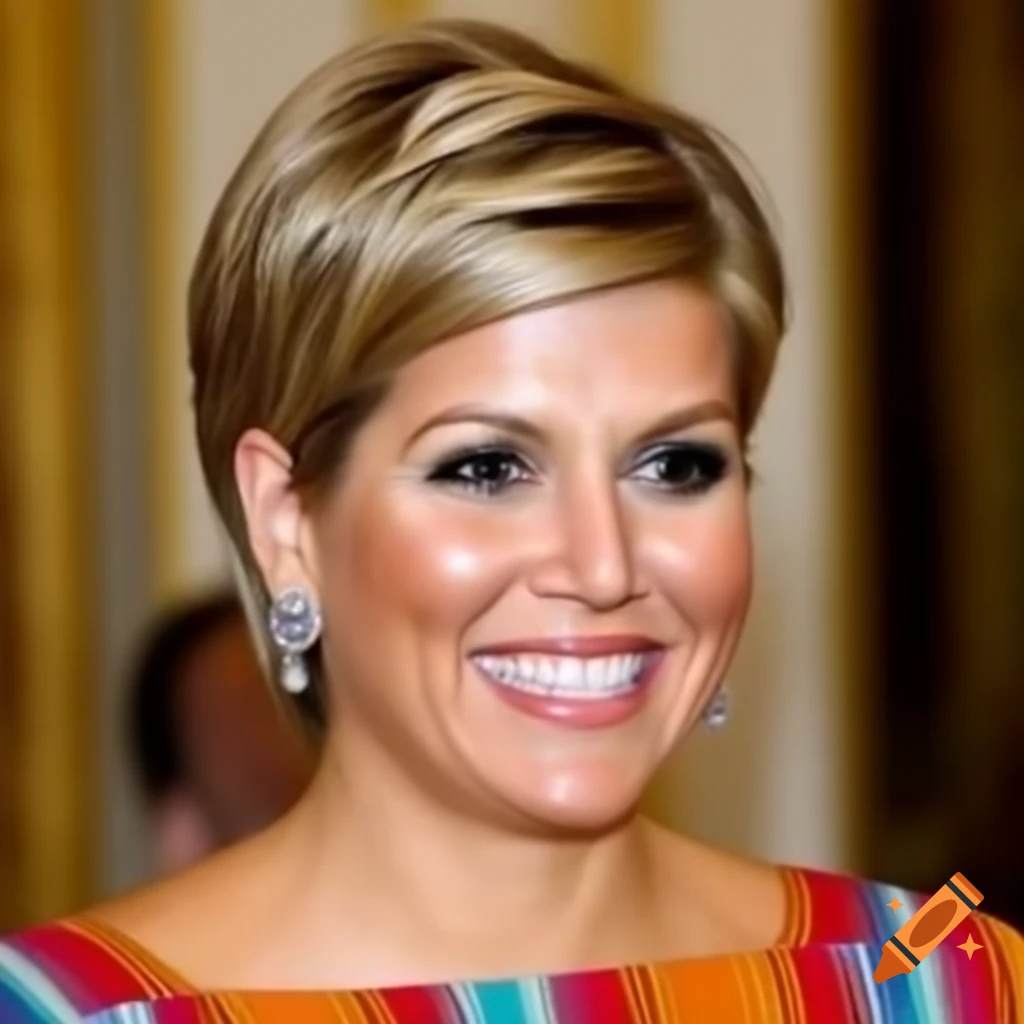 Queen Maxima with short pixie cut and clippered sides on Craiyon