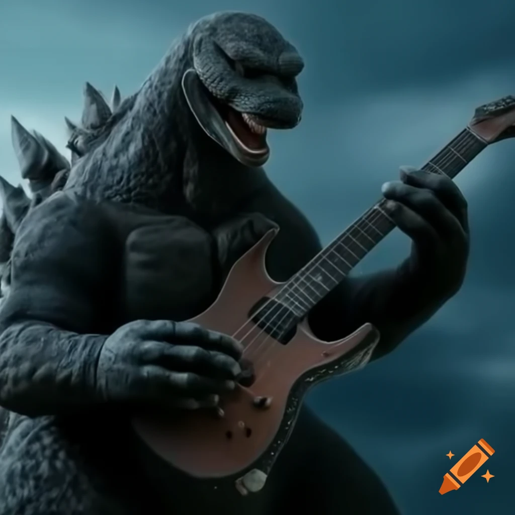 Godzilla playing electric guitar solo while shooting flames on Craiyon