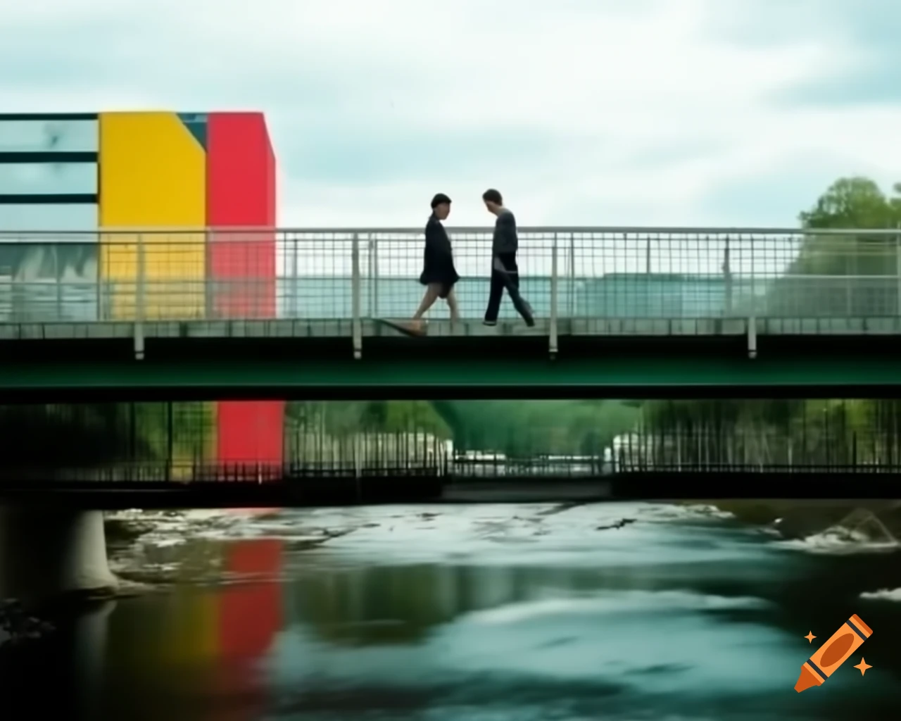 Two people meeting on a modern bridge over river in colorful setting on ...